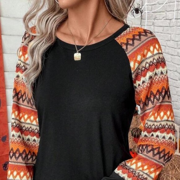 lovesoft | Tops | Orange Geo Print Raglan Patchwork Long Sleeve Tee ...